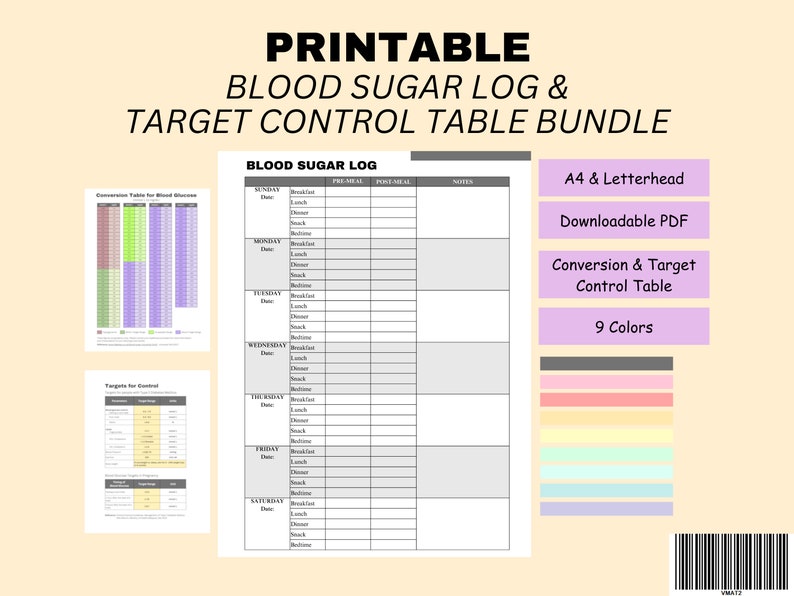 Blood Sugar Log Printable Bundle | Blood Glucose Conversion & Target ...