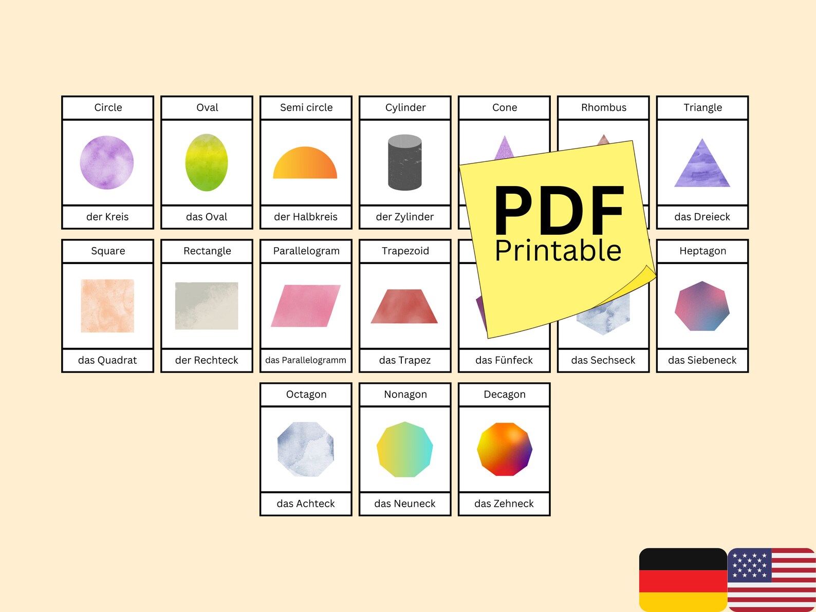 Shapes Flash Cards in German & English Bilingual | 17 Montessori Cards ...