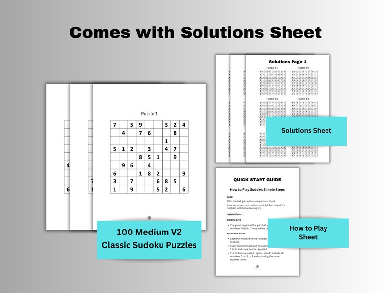 Classic Sudoku Puzzles V2 Printable | 100 Puzzles PDF Medium 9X9 ...