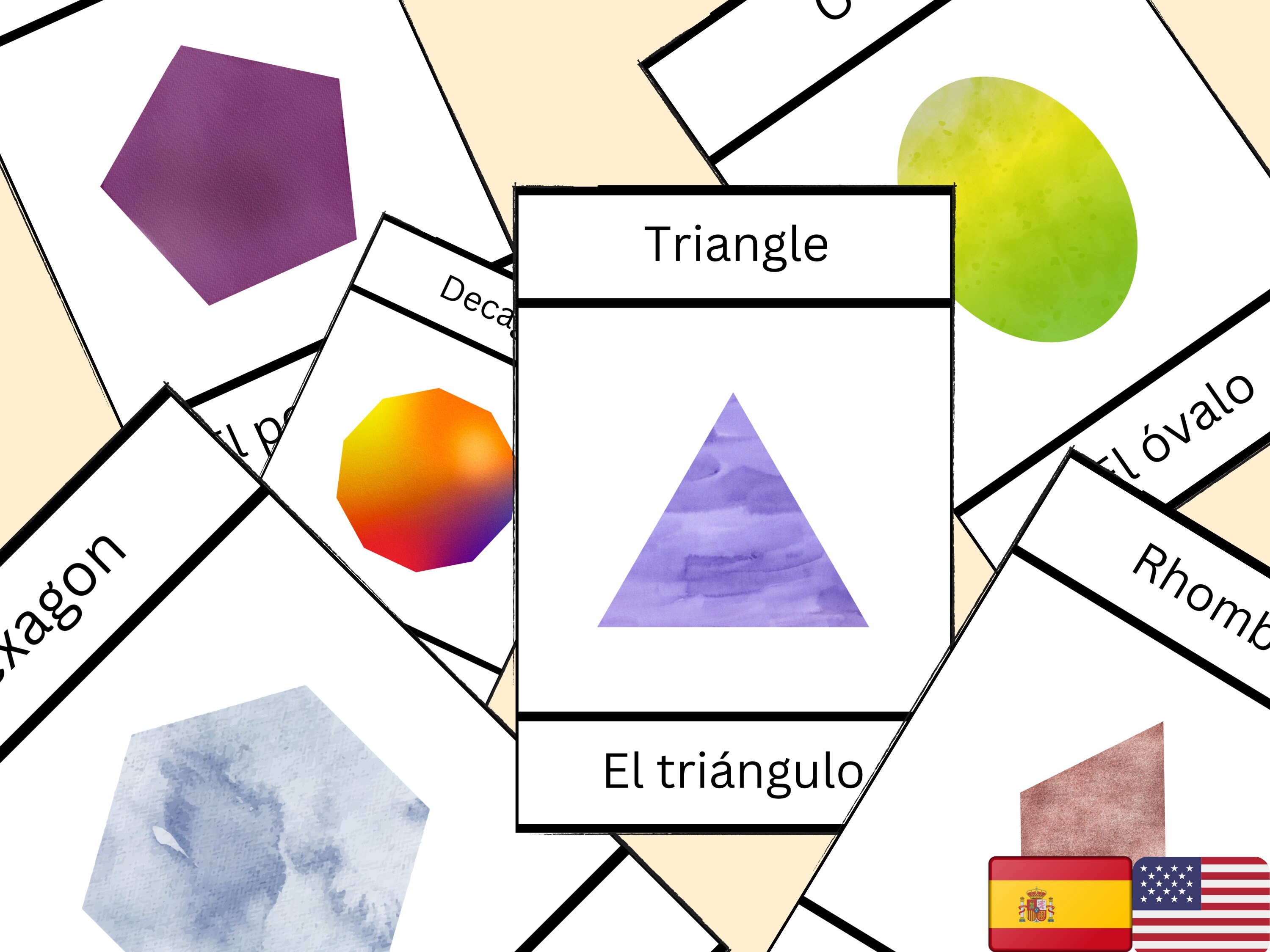 Shapes Flash Cards in Spanish & English Bilingual | 17 Montessori Cards ...