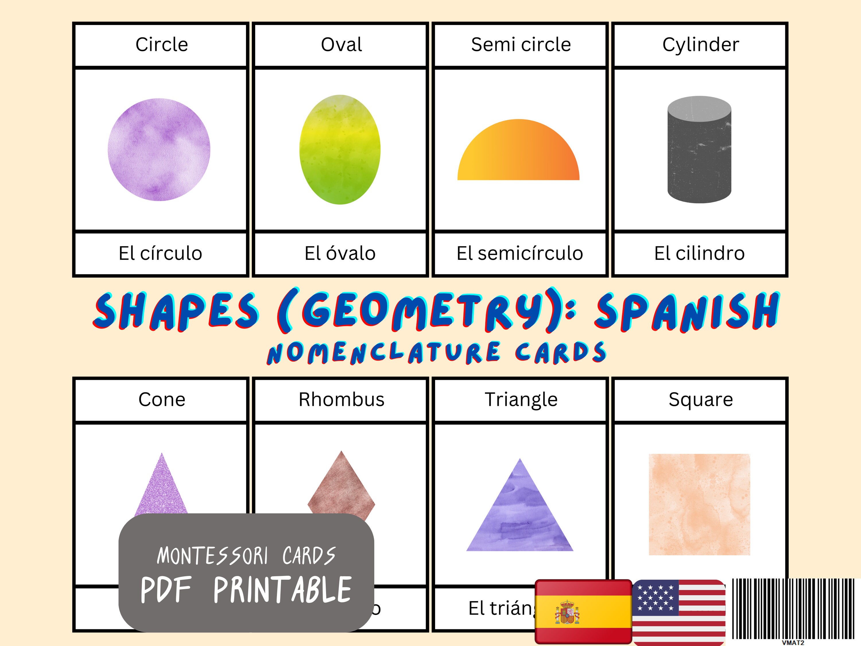 Shapes Flash Cards in Spanish & English Bilingual | 17 Montessori Cards ...