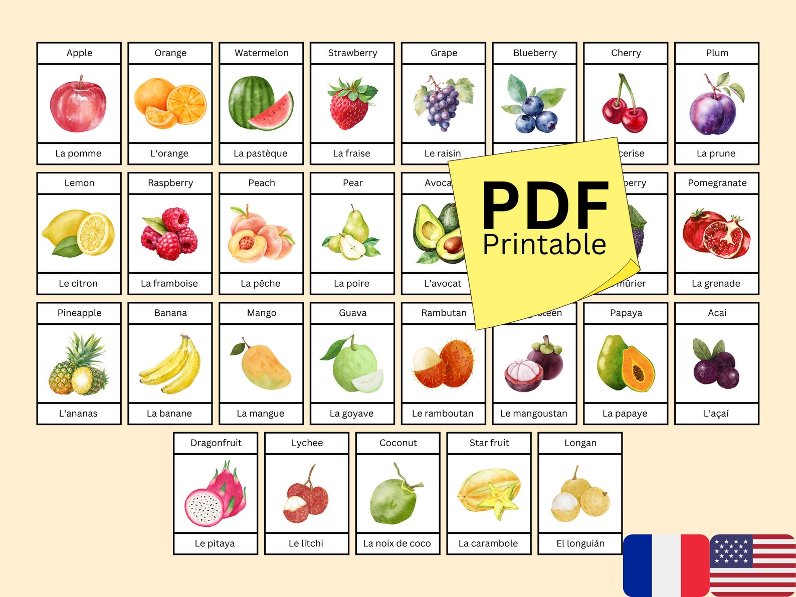 Fruits Flash Cards in French & English Bilingual | 29 Montessori Cards ...