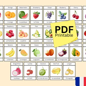 Fruits Flash Cards in French & English Bilingual | 29 Montessori Cards ...