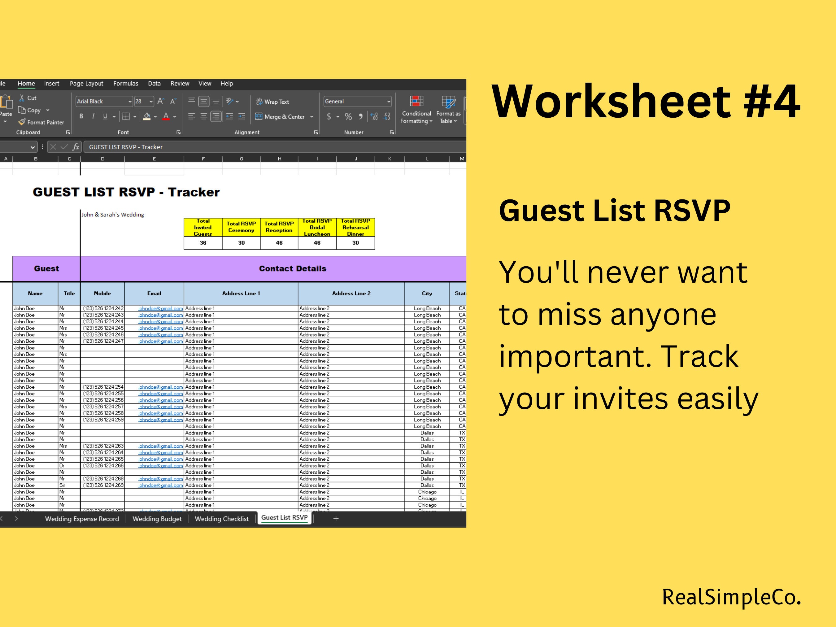 Simplified Wedding Tracker 4 in 1 Spreadsheet Template | Guest RSVP ...