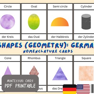 Shapes Flash Cards in German & English Bilingual | 17 Montessori Cards ...