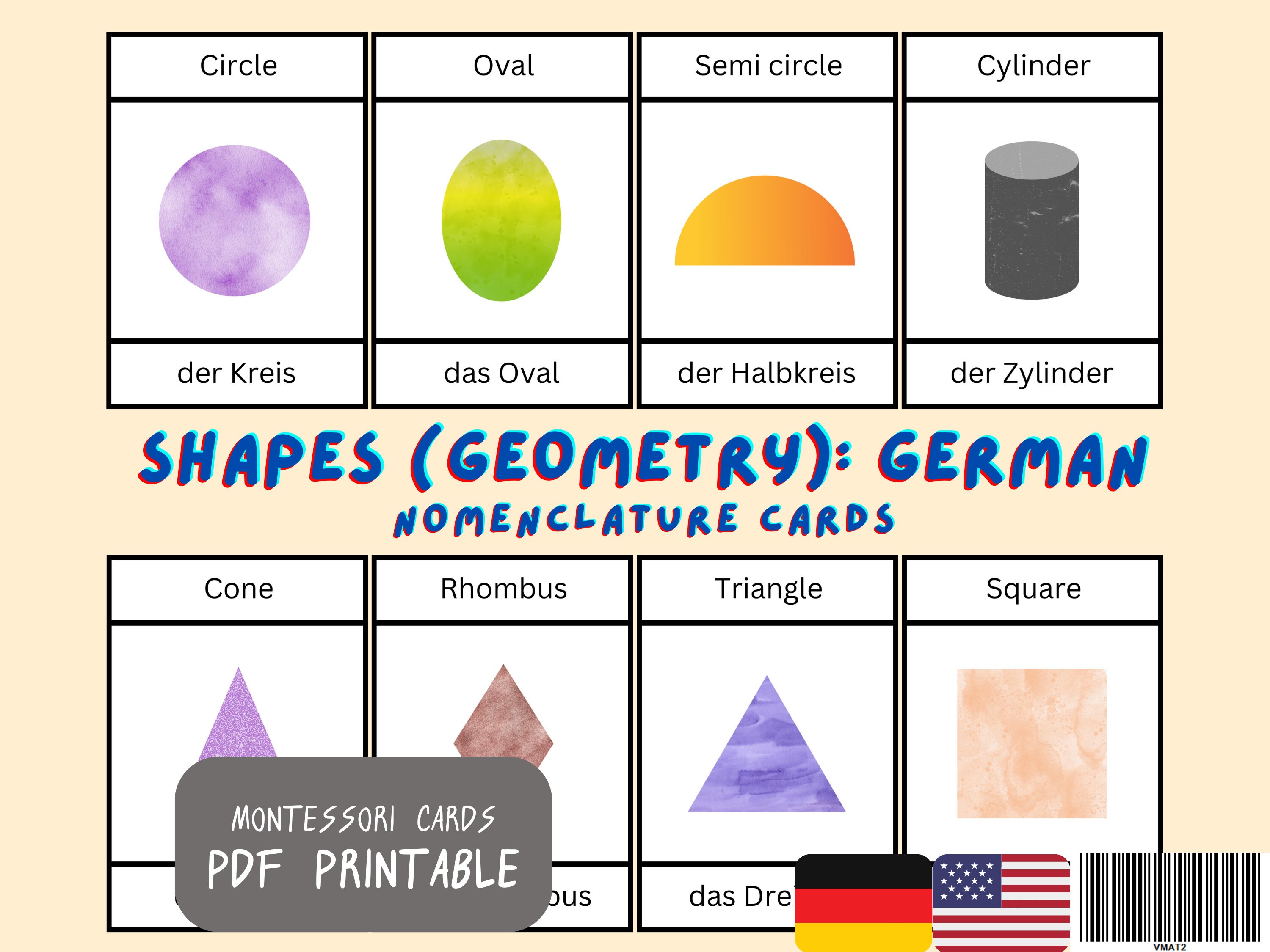 Shapes Flash Cards in German & English Bilingual | 17 Montessori Cards ...