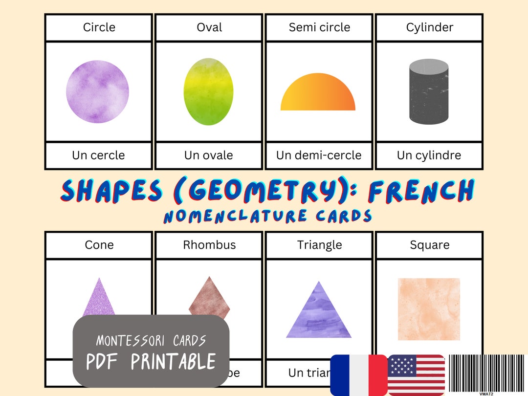 Shapes Flash Cards in French & English Bilingual | 17 Montessori Cards ...