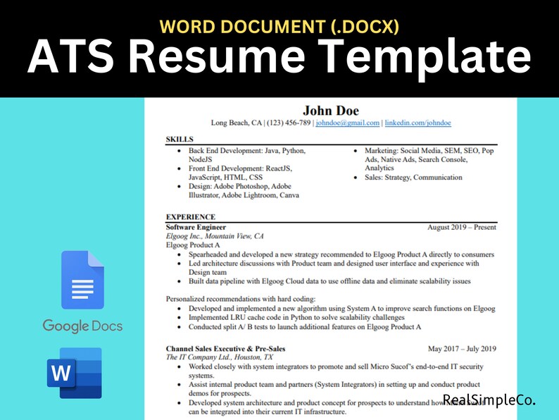 ATS Resume for Software Engineers | ATS Resume Template Microsoft Word ...