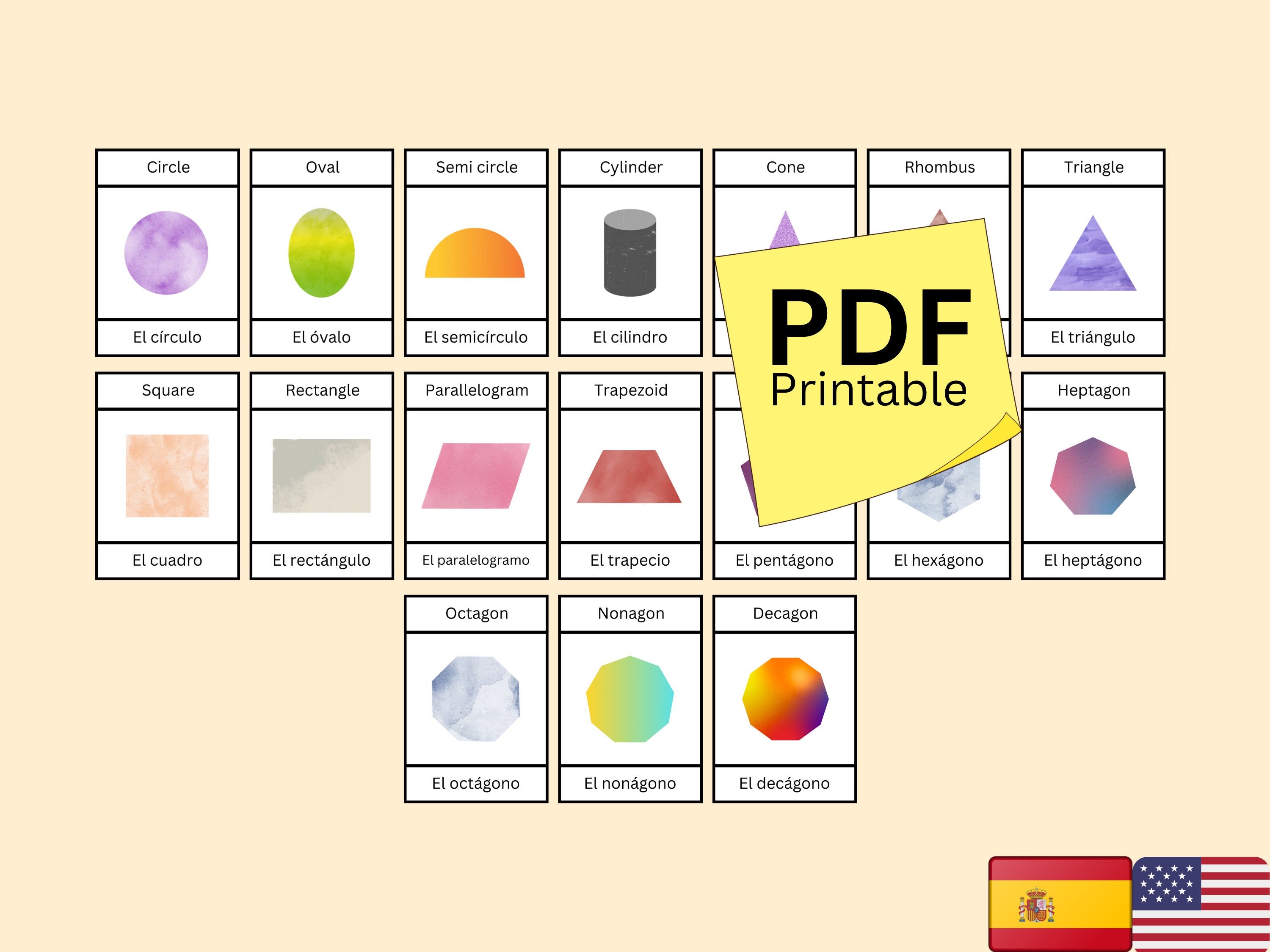 Shapes Flash Cards in Spanish & English Bilingual | 17 Montessori Cards ...