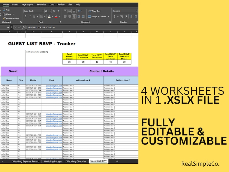 Simplified Wedding Tracker 4 in 1 Spreadsheet Template Guest RSVP ...