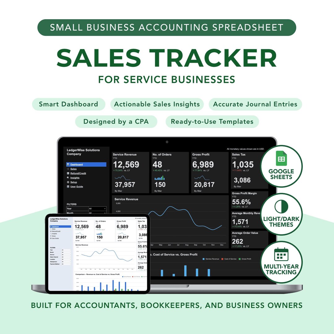 Sales Tracker Accounting Spreadsheet (GOOGLE SHEETS): Service-based ...