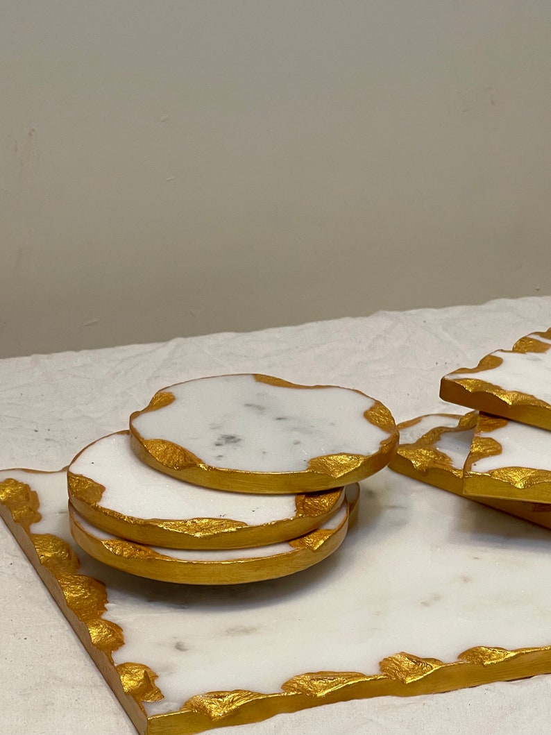 White Luxury Marble Coasters, Set of 4, Gold and Silver - Etsy
