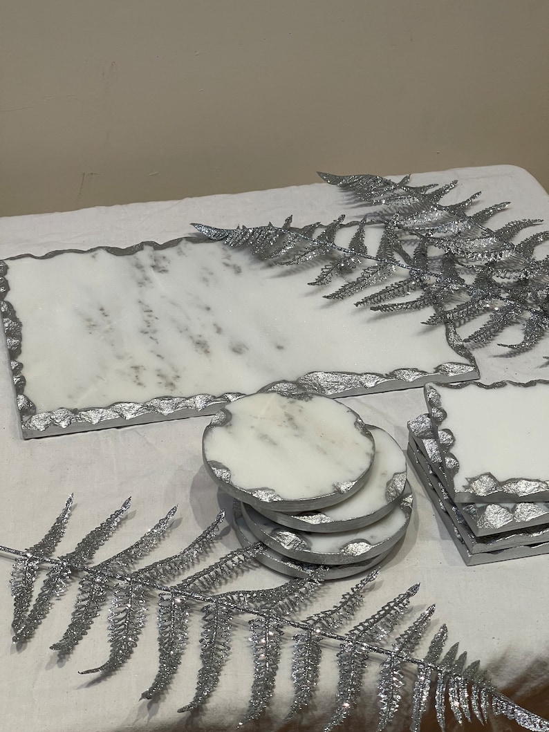 White Luxury Marble Coasters, Set of 4, Gold and Silver - Etsy