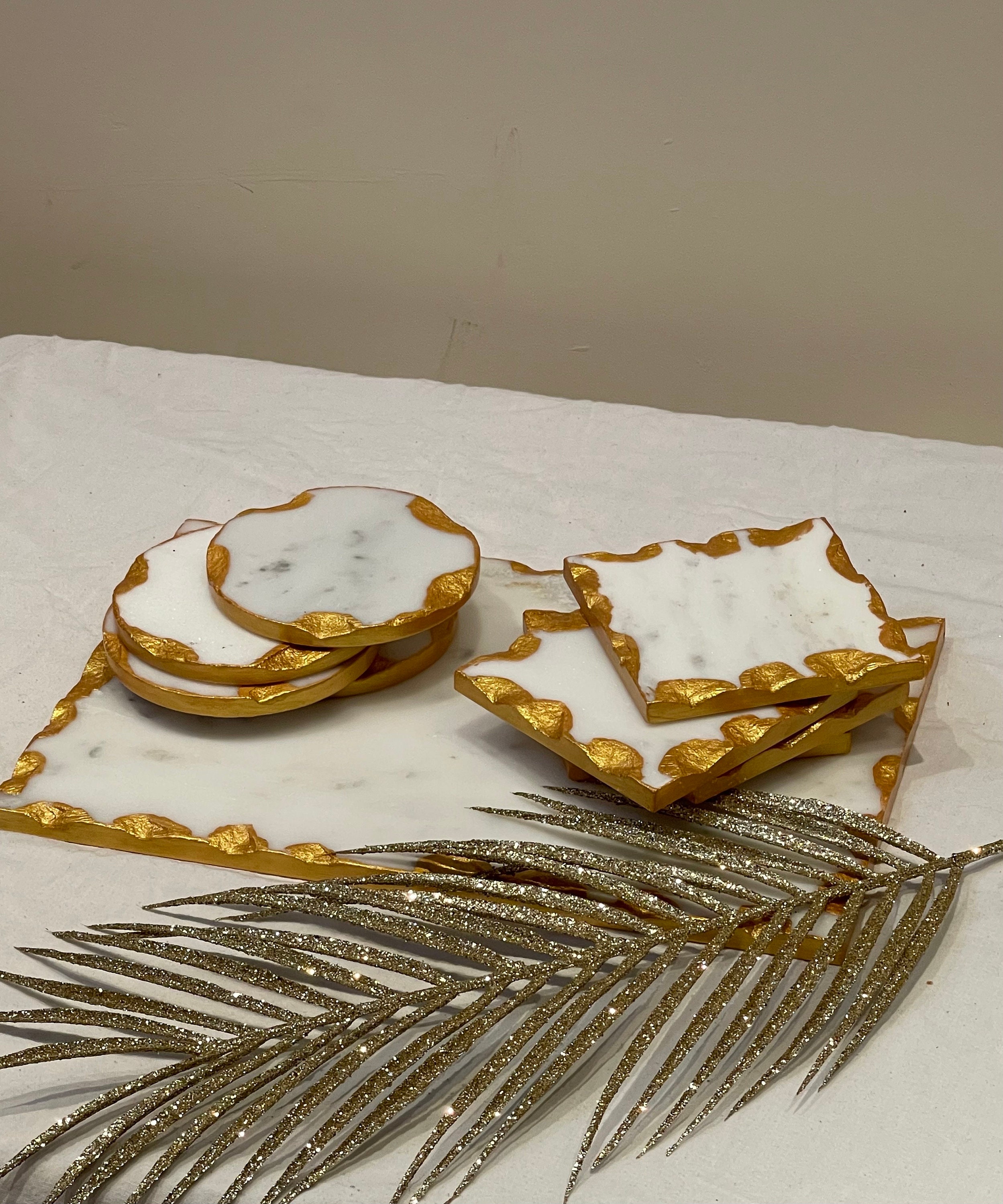 White Luxury Marble Coasters, Set of 4, Gold and Silver - Etsy