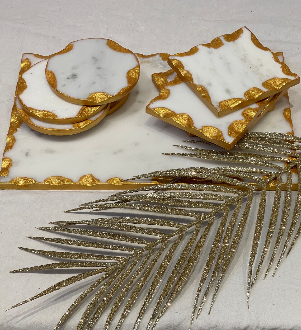 White Luxury Marble Coasters, Set of 4, Gold and Silver - Etsy