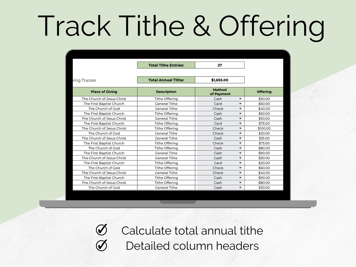 Tithe and Offering Tracker, Tithes Spreadsheet, Tithe Tracker, Church ...