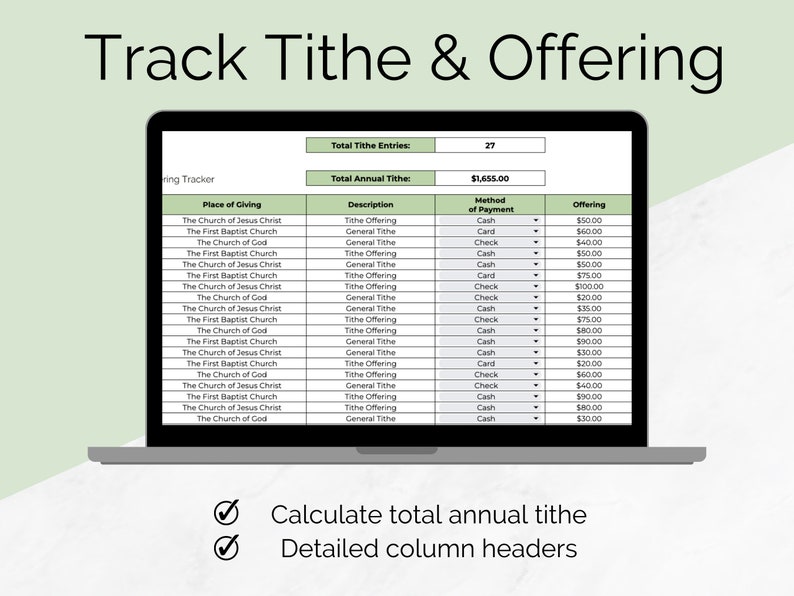 Tithe and Offering Tracker, Tithes Spreadsheet, Tithe Tracker, Church ...