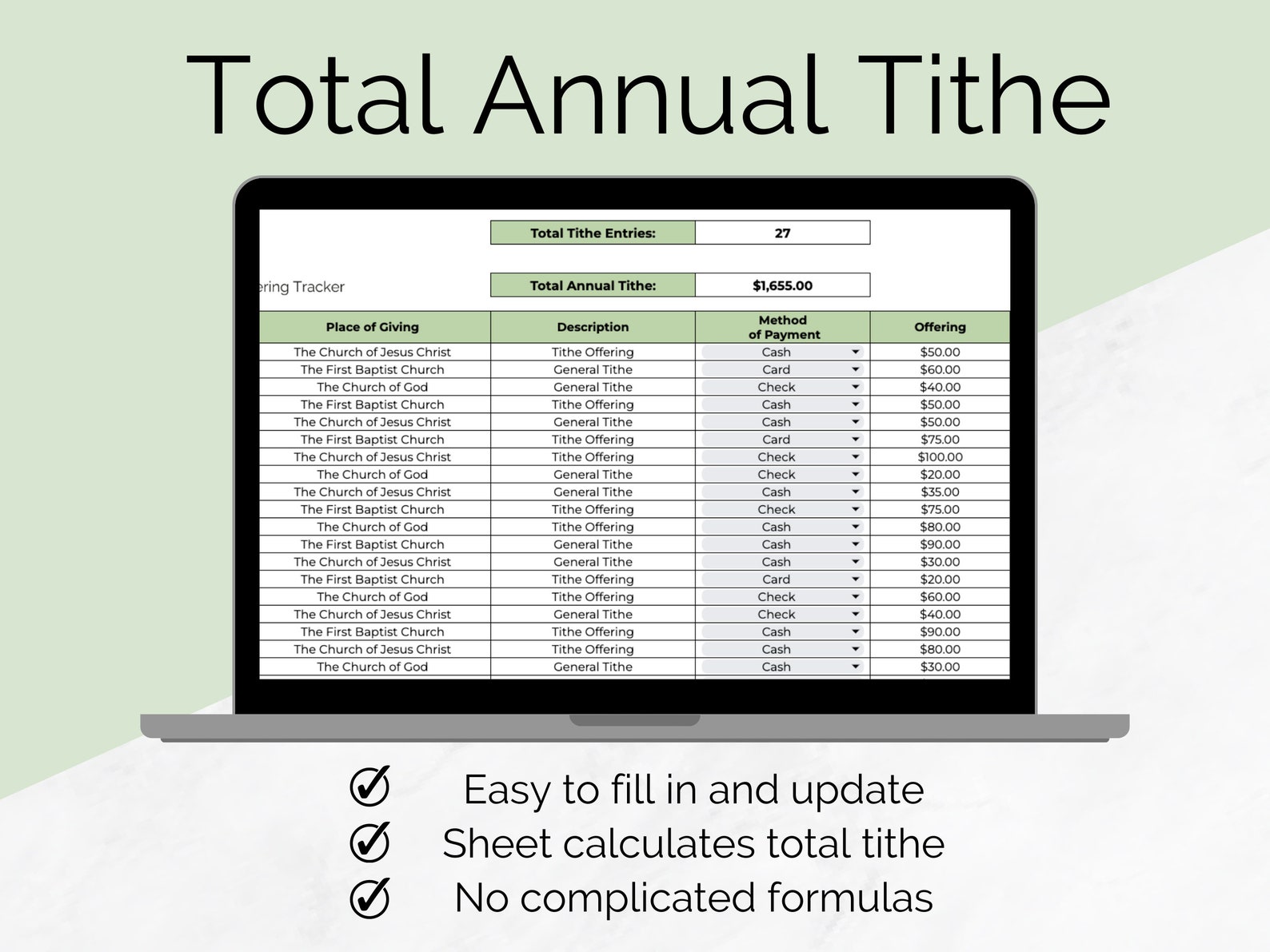 Tithe and Offering Tracker, Tithes Spreadsheet, Tithe Tracker, Church ...
