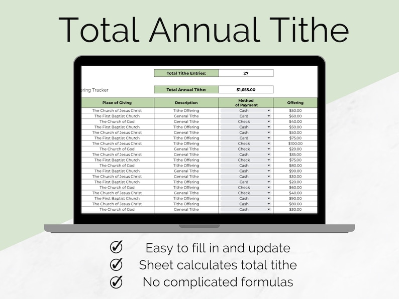 Tithe and Offering Tracker, Tithes Spreadsheet, Tithe Tracker, Church ...