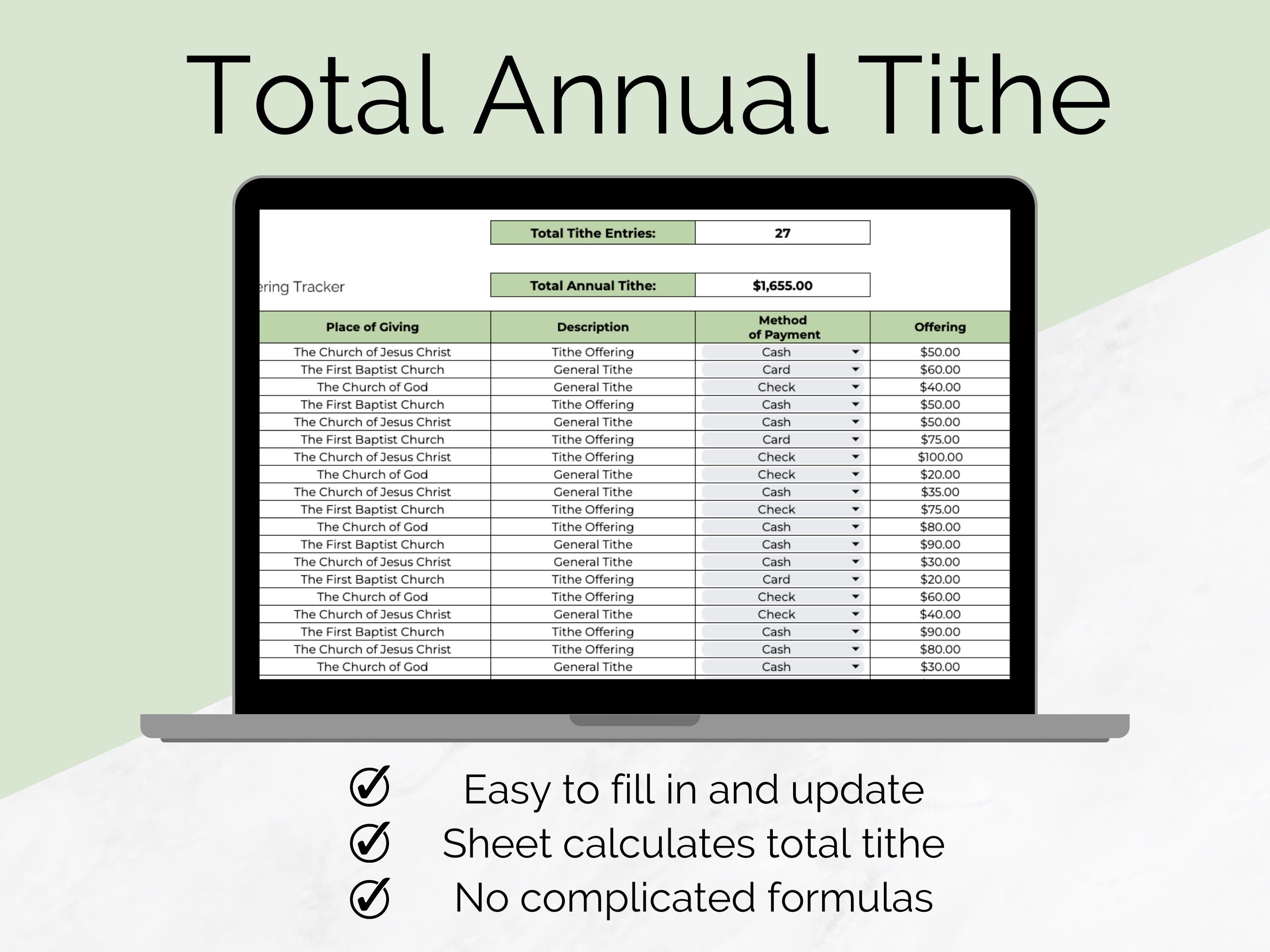 Tithe and Offering Tracker, Tithes Spreadsheet, Tithe Tracker, Church ...