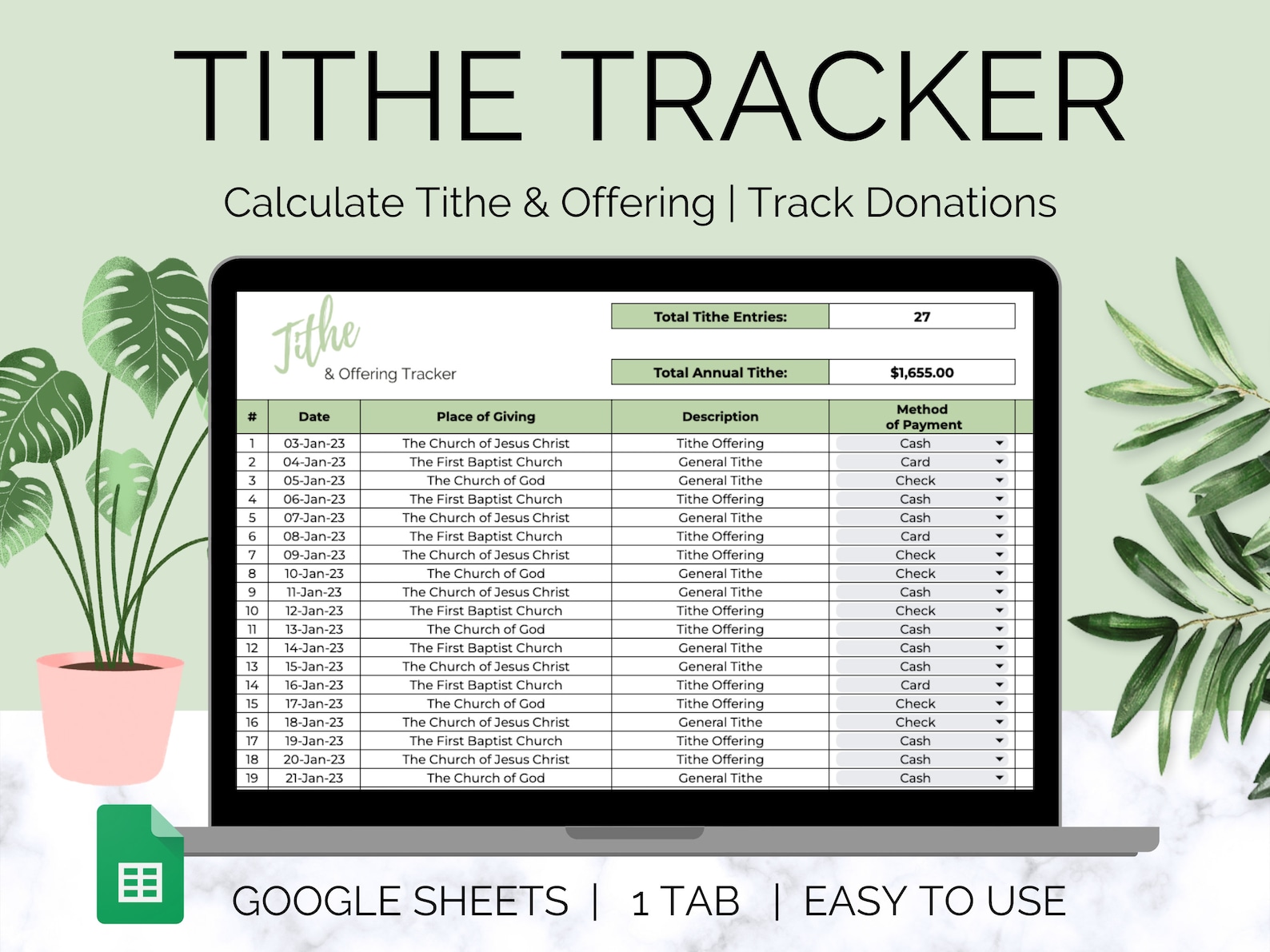 Tithe and Offering Tracker, Tithes Spreadsheet, Tithe Tracker, Church ...