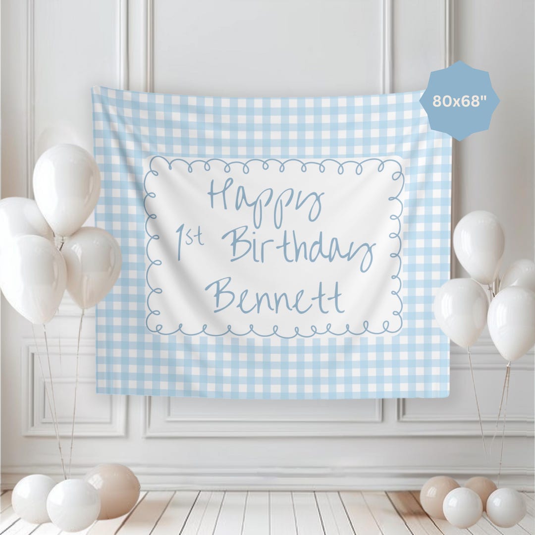 Personalized Blue Gingham Birthday Banner - Custom Party Backdrop - Etsy