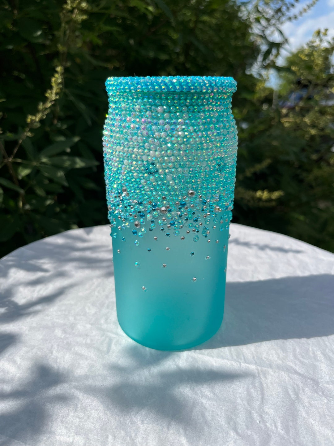 Blue Bedazzled Glass Can - Etsy