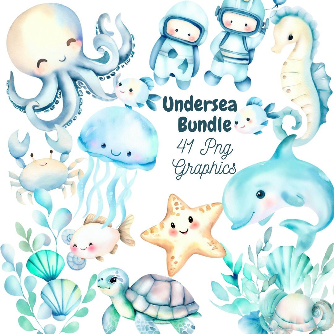 Undersea Watercolor Clipart Bundle Nursery Decor, Baby Wall Art, Cute ...
