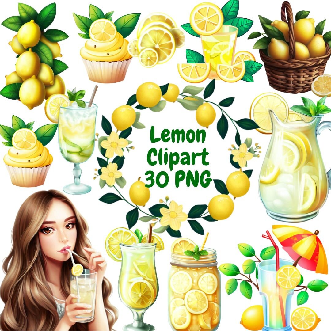 Lemon Summer Clipart, Citrus Clipart, Vintage Lemon Illustration ...