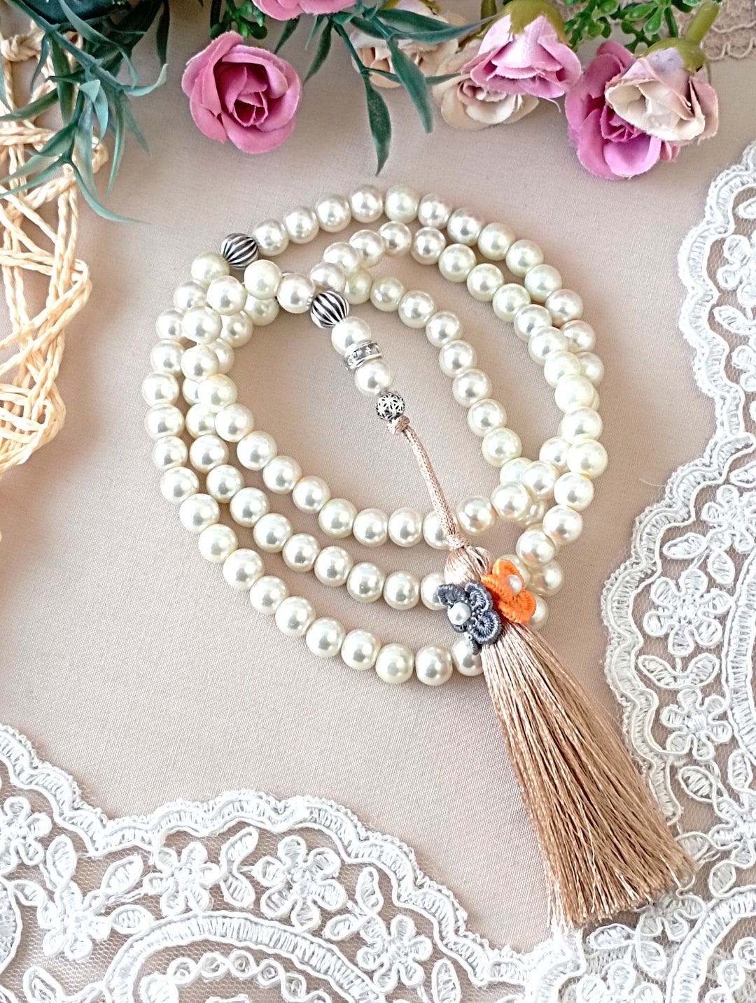 Ecru Glass Pearl Beads Tasbeeh, Dhikr Pearl Prayer Beads Favors, Sufi ...