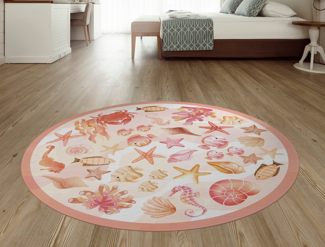 Nautical Sea Creature Rug for Kid's Bedroom Peach Under the Sea Round ...