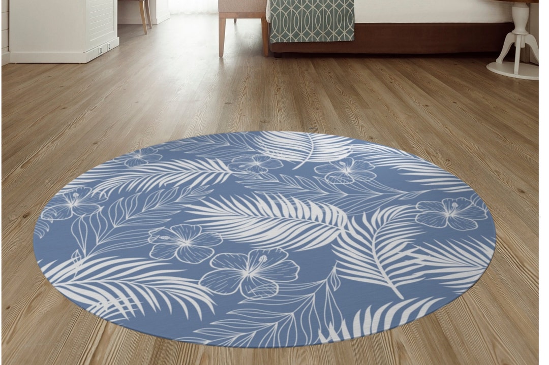 Tropical Blue Rug for Living Room Blue and White Palms Round Rug ...