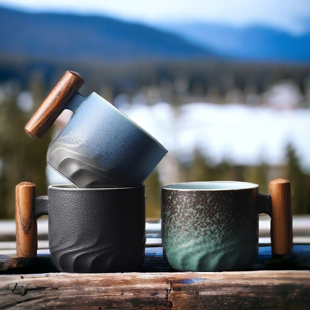 Ceramic Tea Cup With Wooden Handles Stone Coffee Mug Tea Cup Latte Cup ...