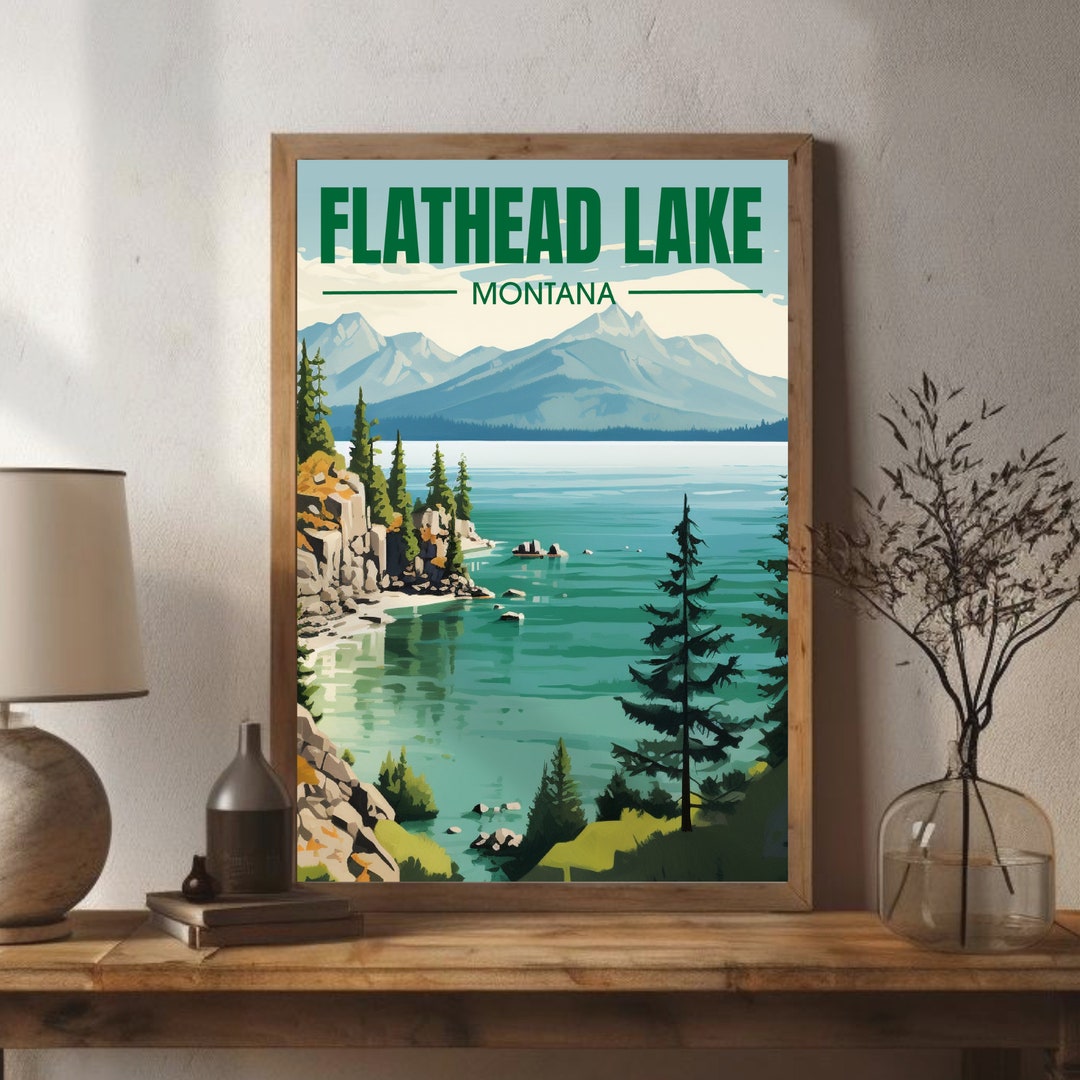 Flathead Lake Travel Poster / Flathead Lake Vintage Print / Travel ...