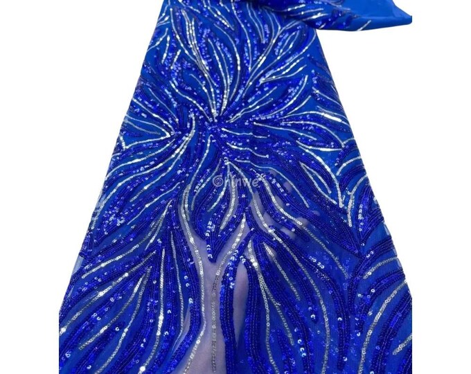 Sequin Embroidered Mesh Lace Fabric With Flowing Flame Motif and Sheer ...