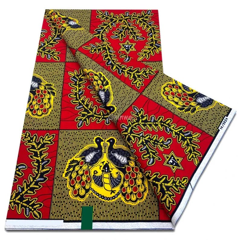Red Fabric With Laurel Leaf Panels, Star Medallions & Dual-bird Motif ...