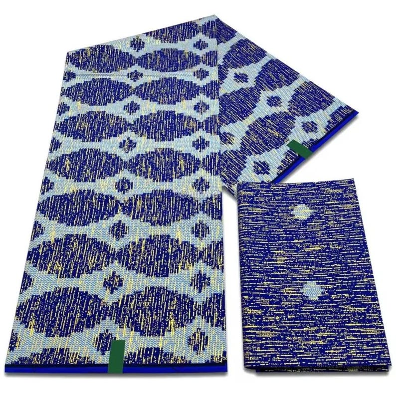 Navy & Sky Blue Kente Brocade With Wave-inspired Motif and Gold ...