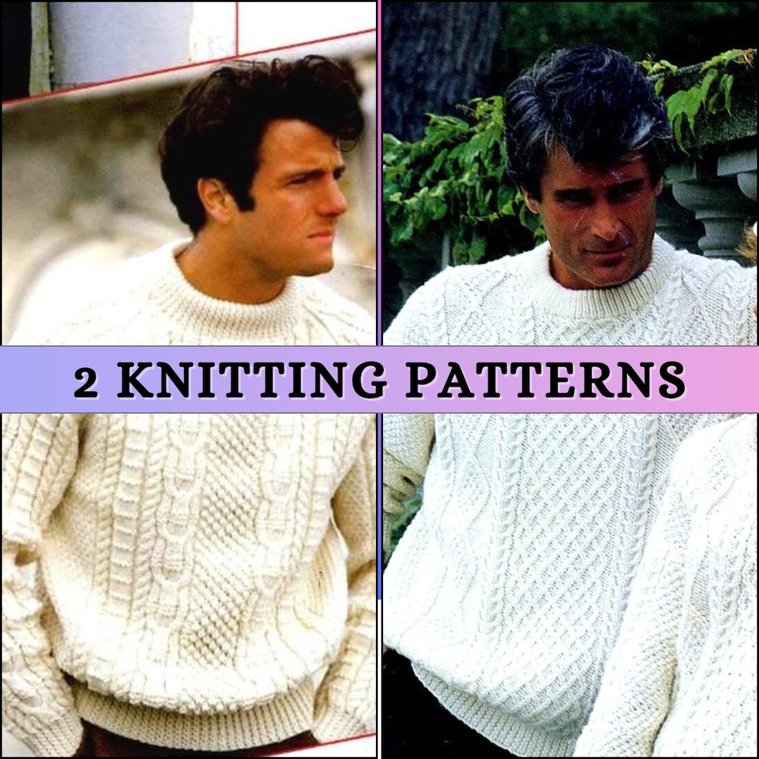 Men Aran Sweater Knitting Pattern Worsted Weight Knit Crew Neck ...