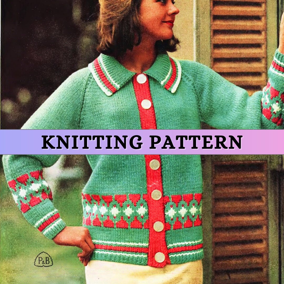 Colorwork Cardigan Knitting Pattern Women Vinatge 60s Easy Knit Jacket ...