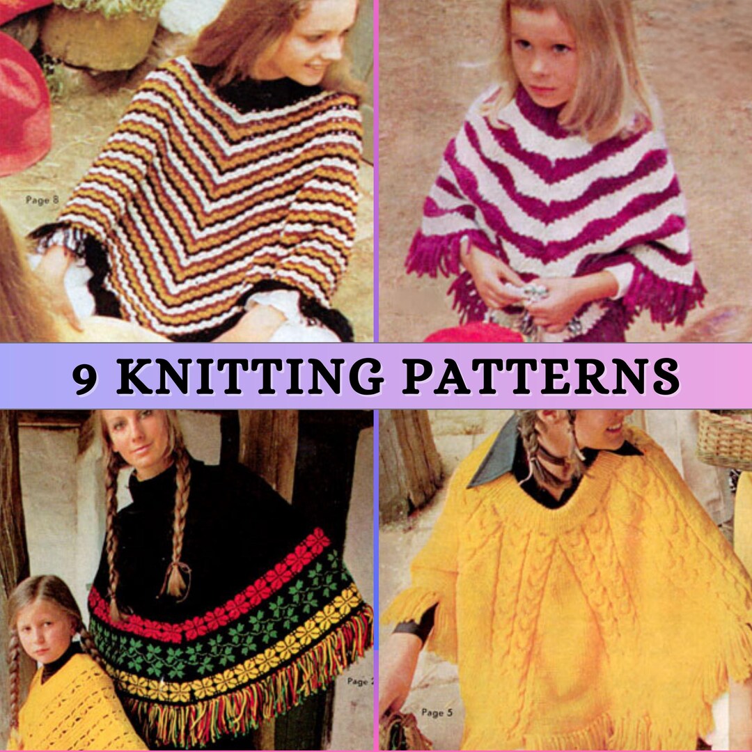 Cape Poncho Knit Pattern Easy Colorwork Knitting Pattern 70s Vintage ...