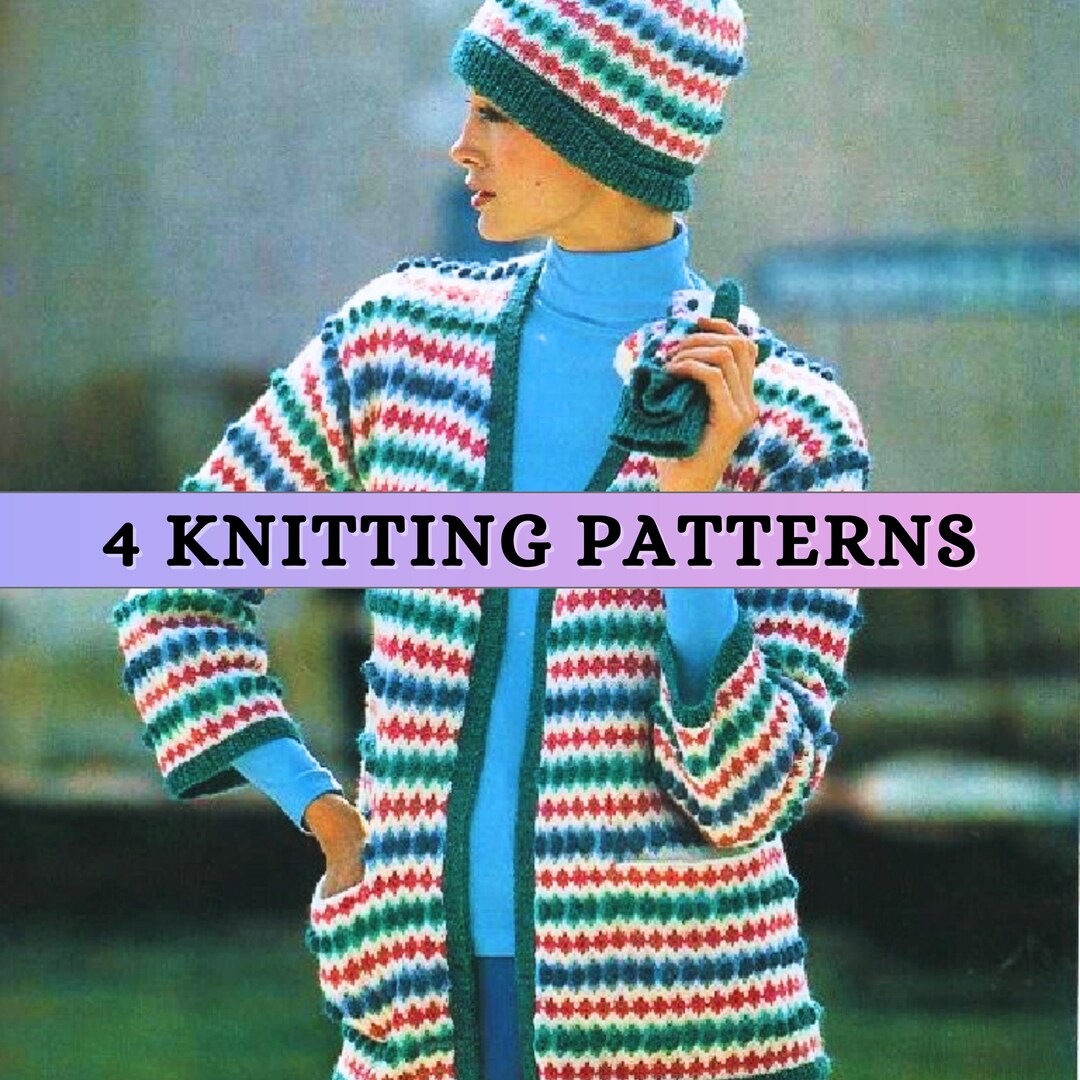 Womens Colorwork Knitting Pattern DK Cardigan Set 70s Vintage Double ...