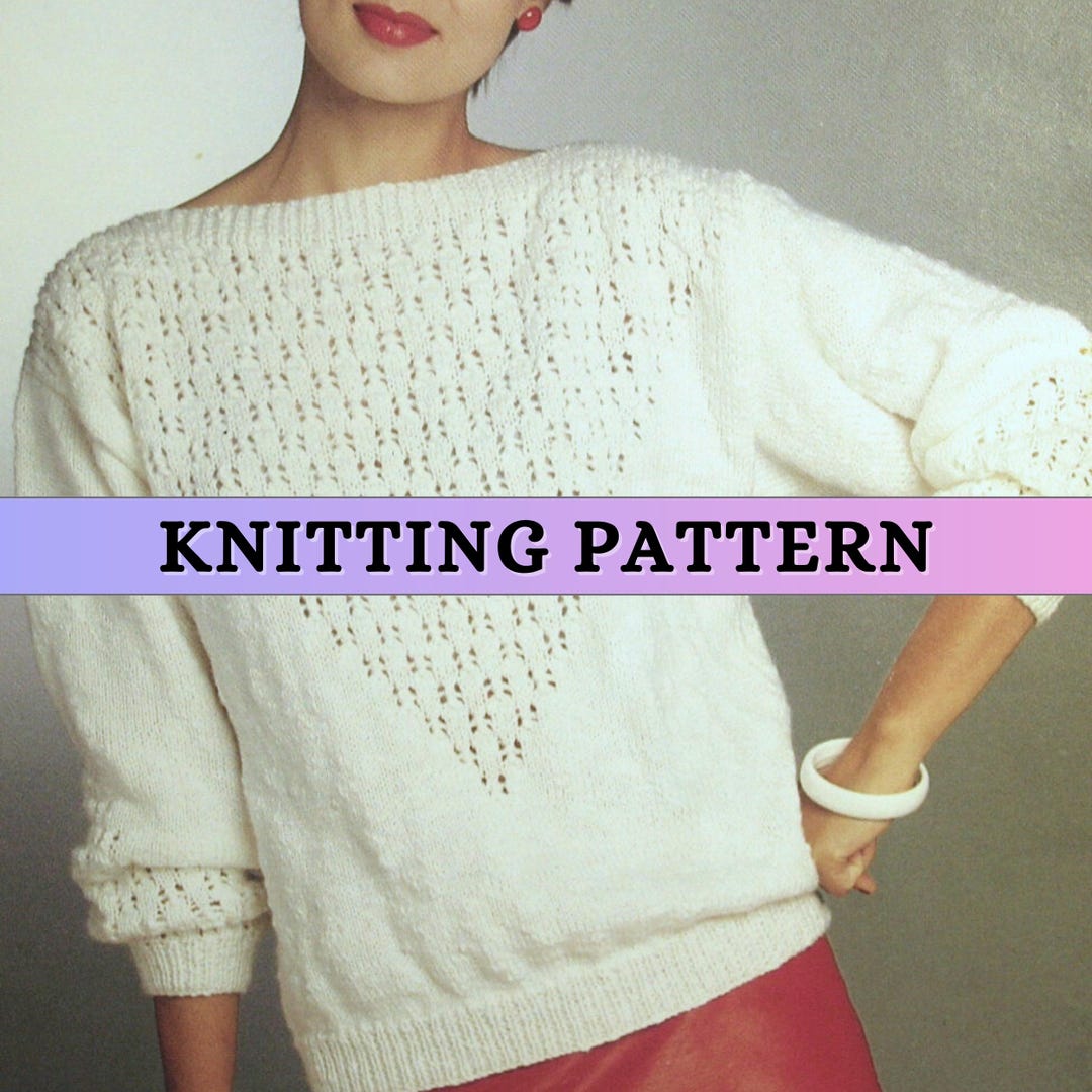 Boat Neck Sweater Knitting Pattern Eyelet Yoke Summer Fall Double Knit ...