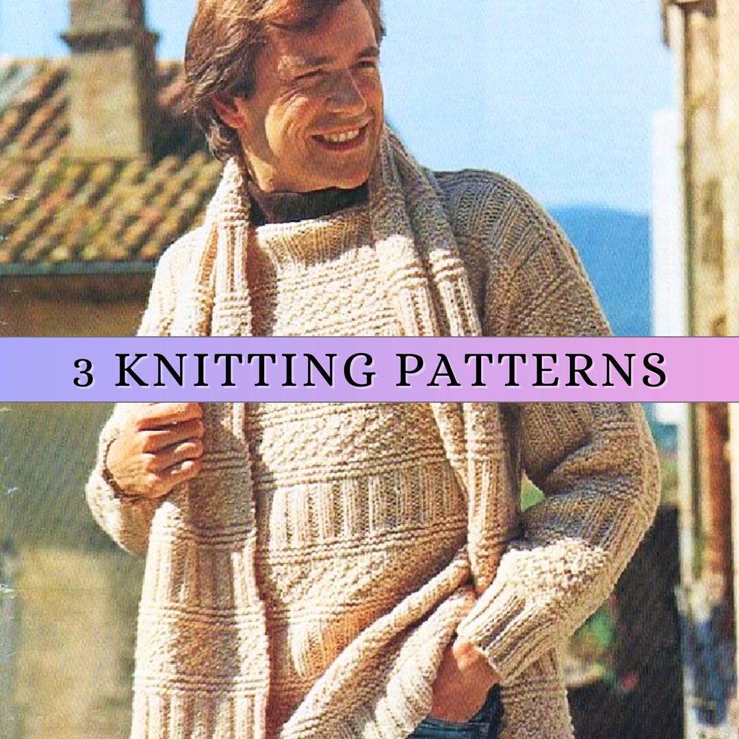 Men Aran Sweater Knitting Pattern Textured Knit Scarf Chunky Jumper ...
