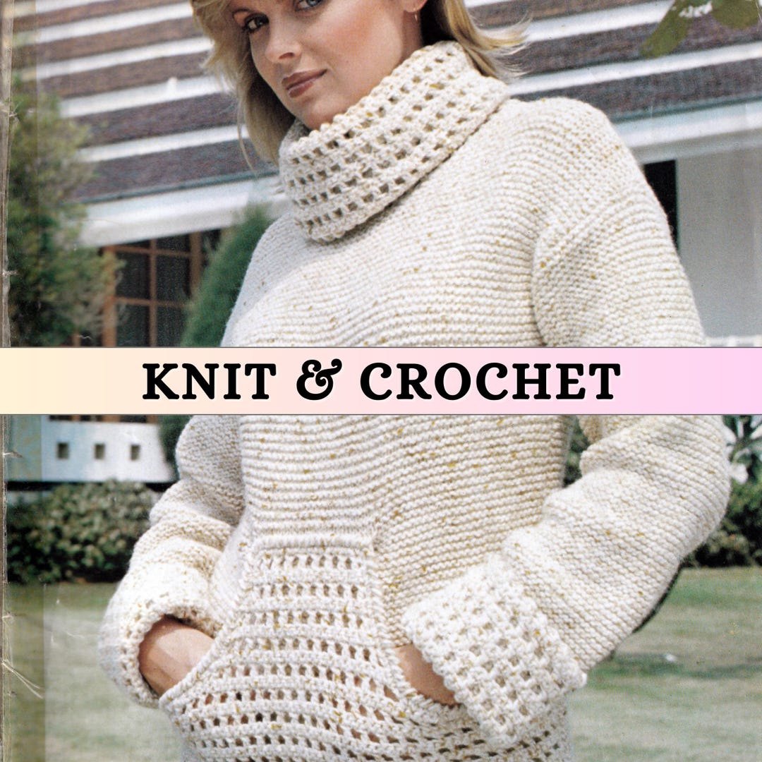 Roll Neck Sweater Pattern Women Garter Stitch Knit Jumper With Crochet ...