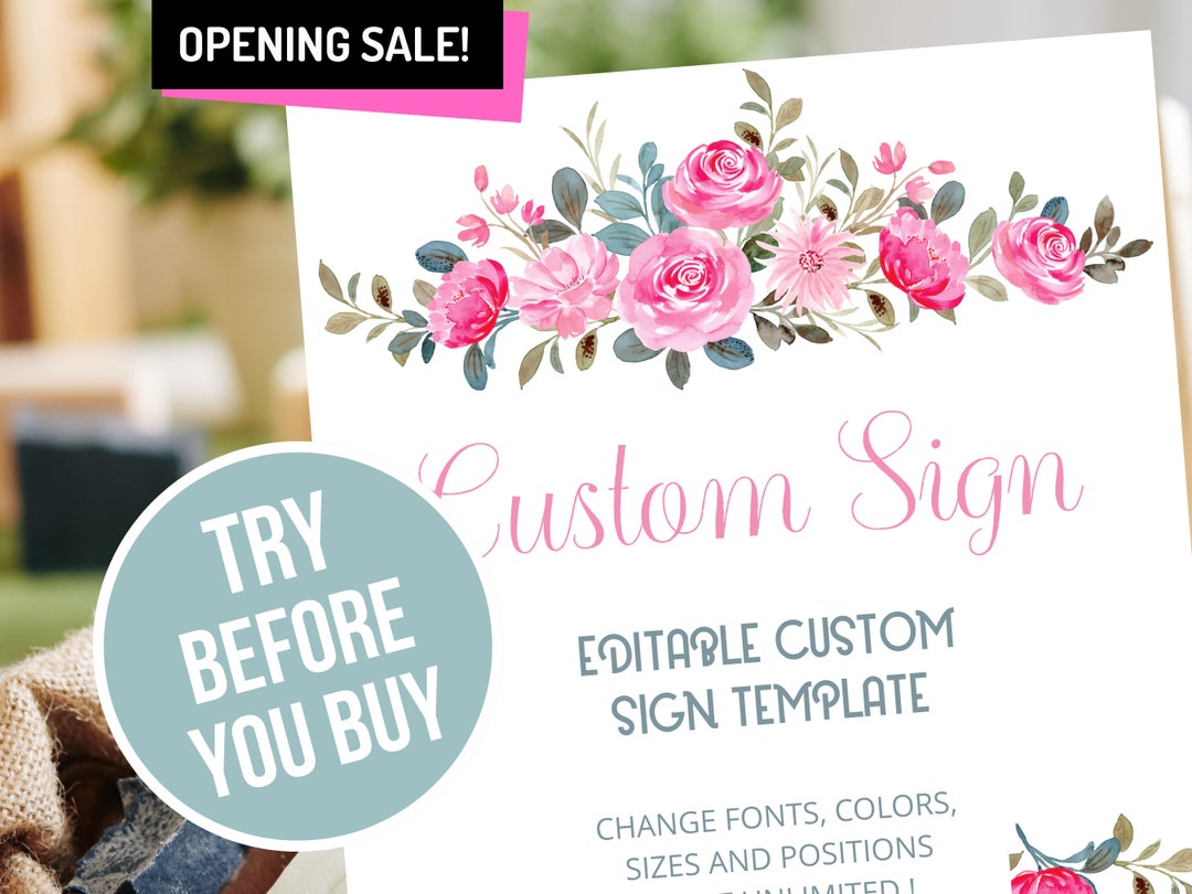 Flower Bouquet Custom Sign Template, Pink Roses, Printable & Editable ...