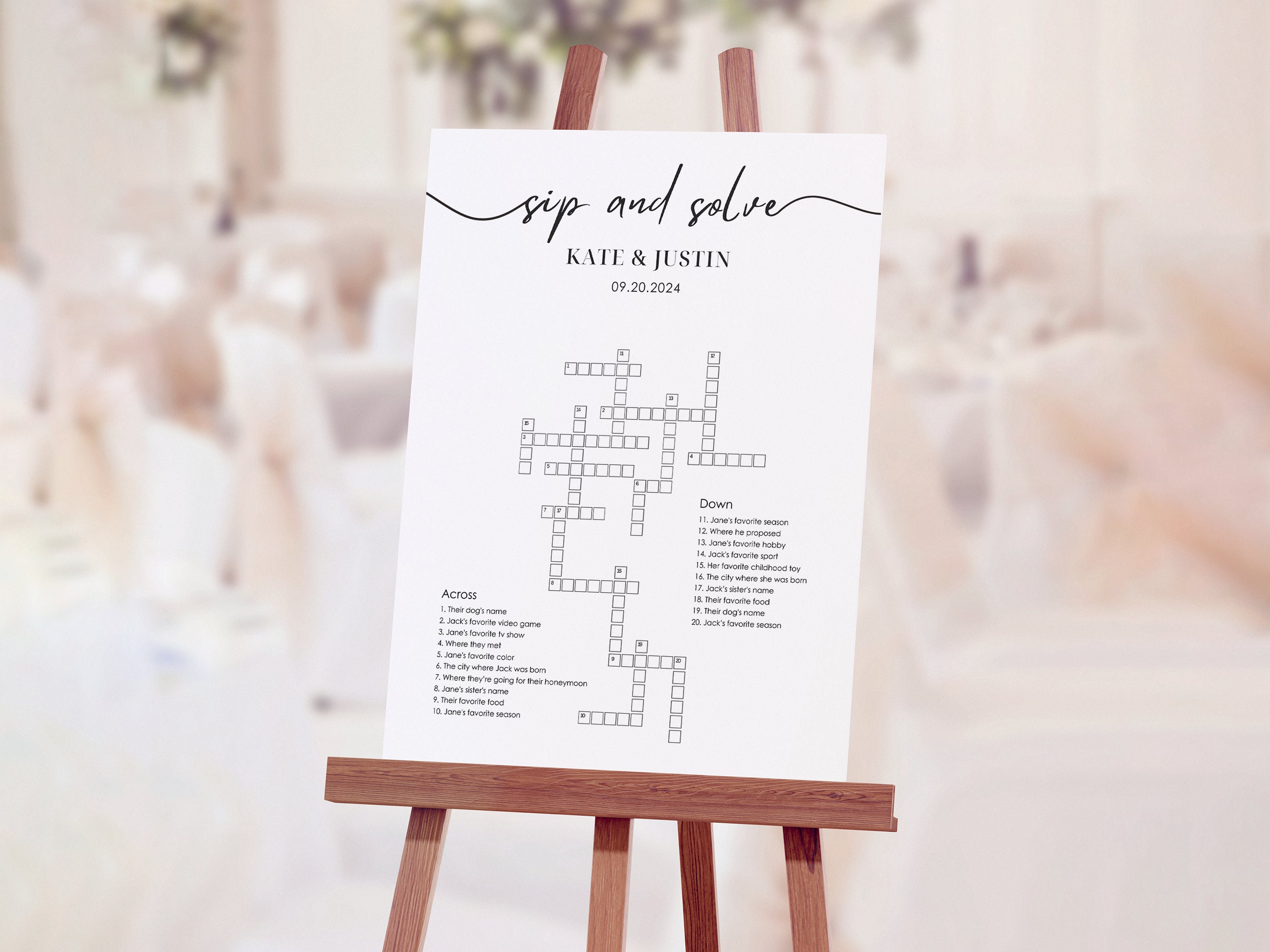Custom Wedding Large Crossword Puzzle, Sip & Solve, 48x36, 36x48, 36x24 ...