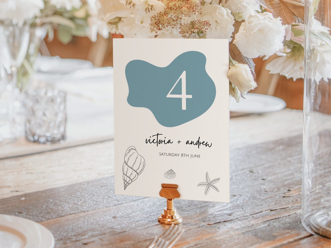 Seaside Wedding Table Numbers Sign Template, Summer Design Table Cards ...