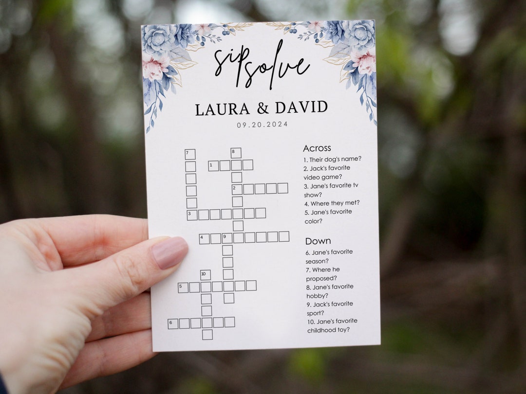 Custom Small Crossword Puzzle Blue Watercolor Flowers, 5x7 Sip & Solve ...