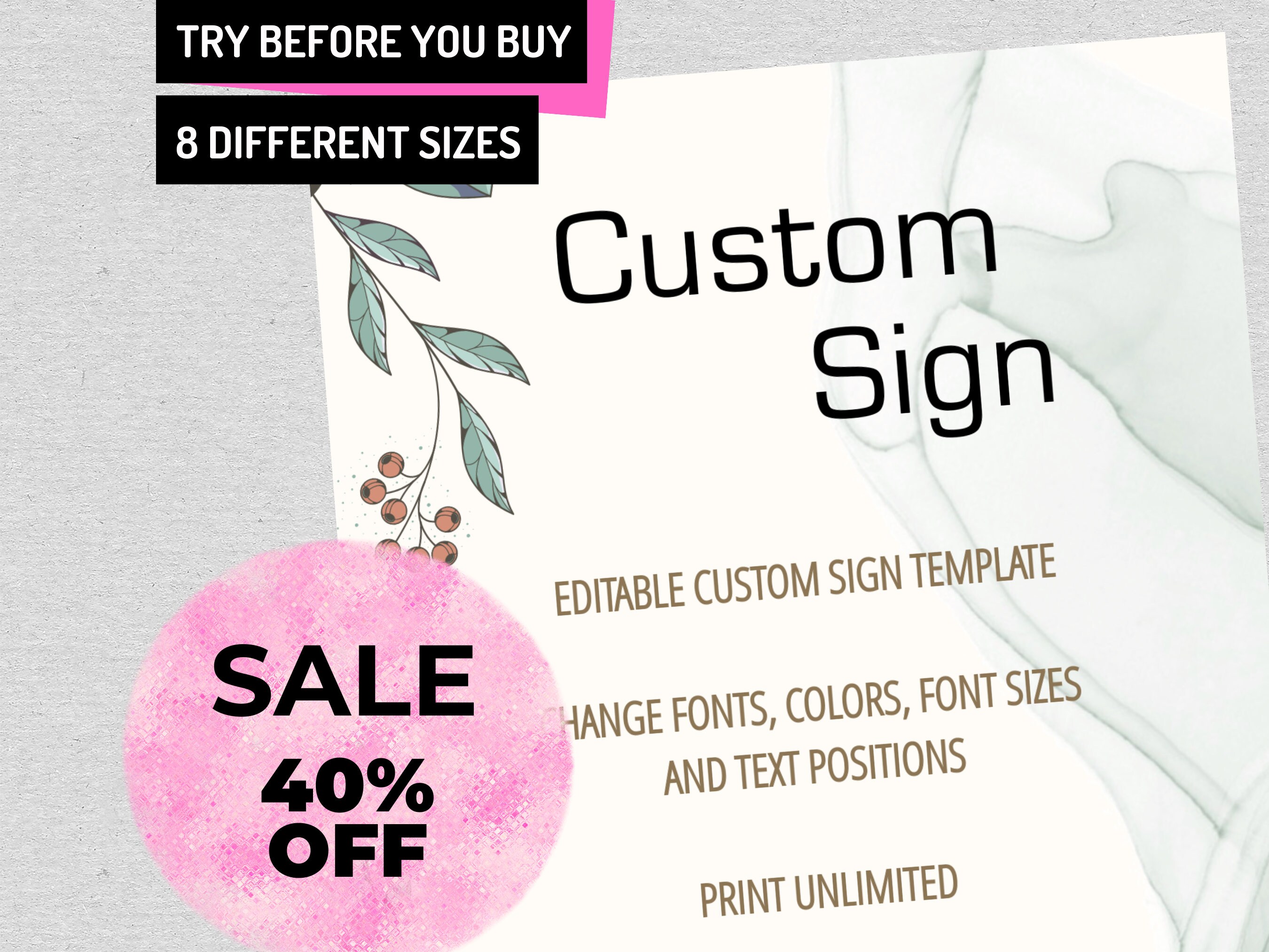 Printable Sign Template, Editable Custom Sign, Wedding Sign, Floral ...