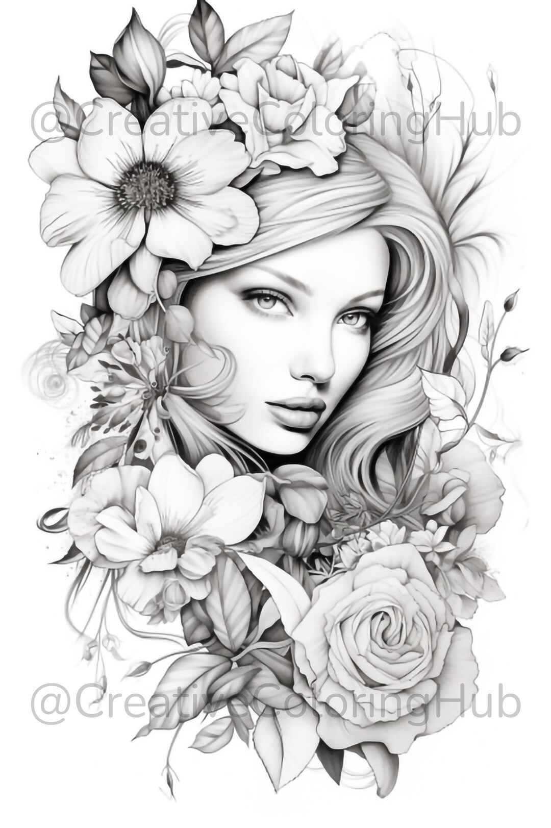 JENNIFER Ultra-realistic Coloring Page Women With Flowers - Etsy